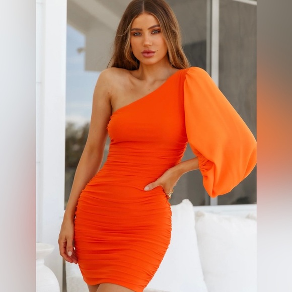 Hello Molly | Dresses | Hello Molly Orange One Shoulder Draped Party ...